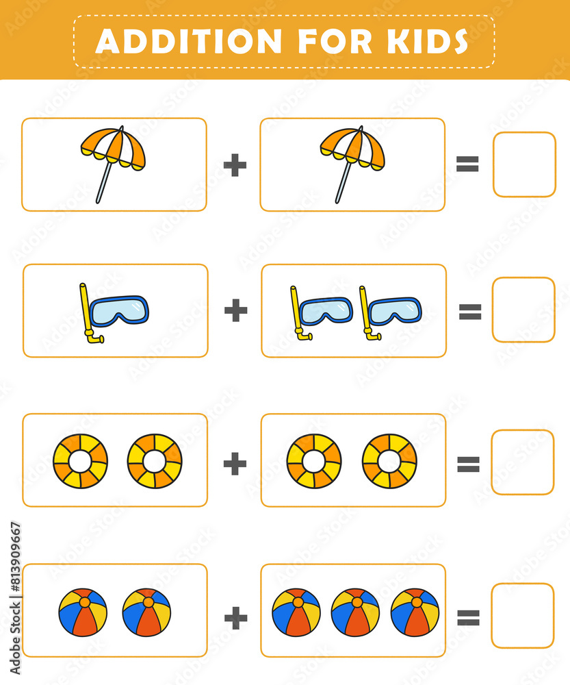 Preschool addition worksheet with cute beach illustration. Math ...