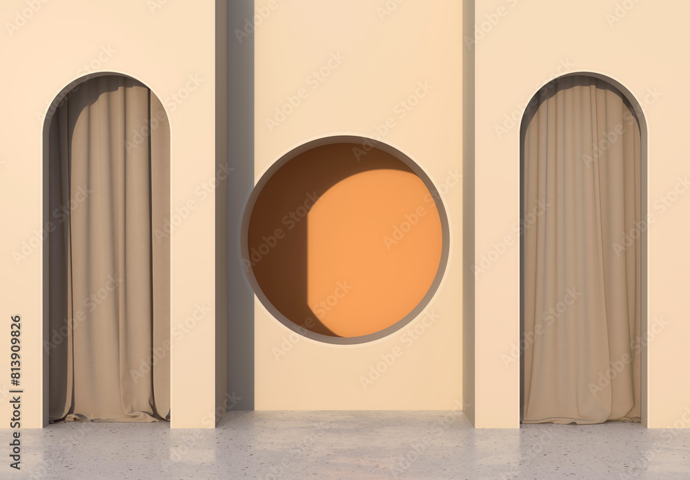 Abstract empty room with circular wall opening and arched door openings ...