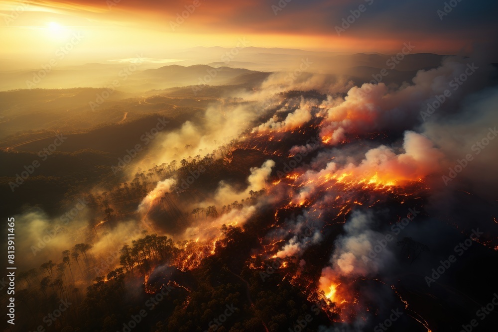 A stark image of a forest ravaged by a wildfire. Shown from a drone ...