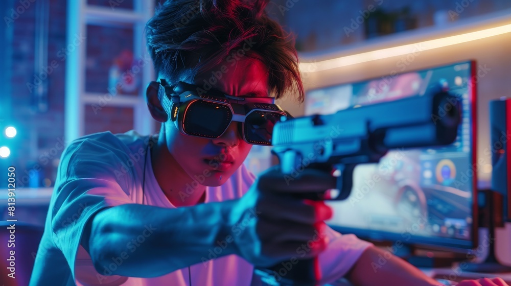 A gaming enthusiast wearing a VR headset plays an online video game ...