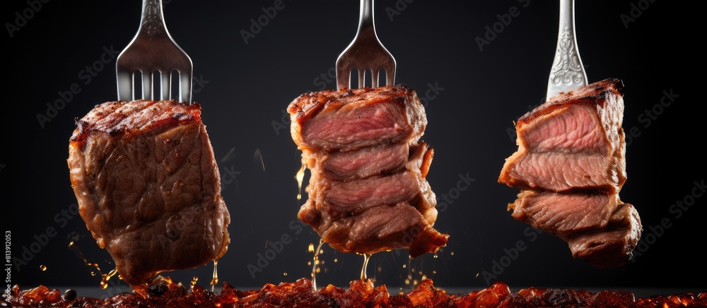 Three different cuts of meat being cooked on a fork with varying levels ...