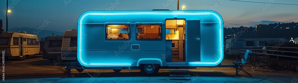 Futuristic trailer with blue neon lights parked on the street at night ...
