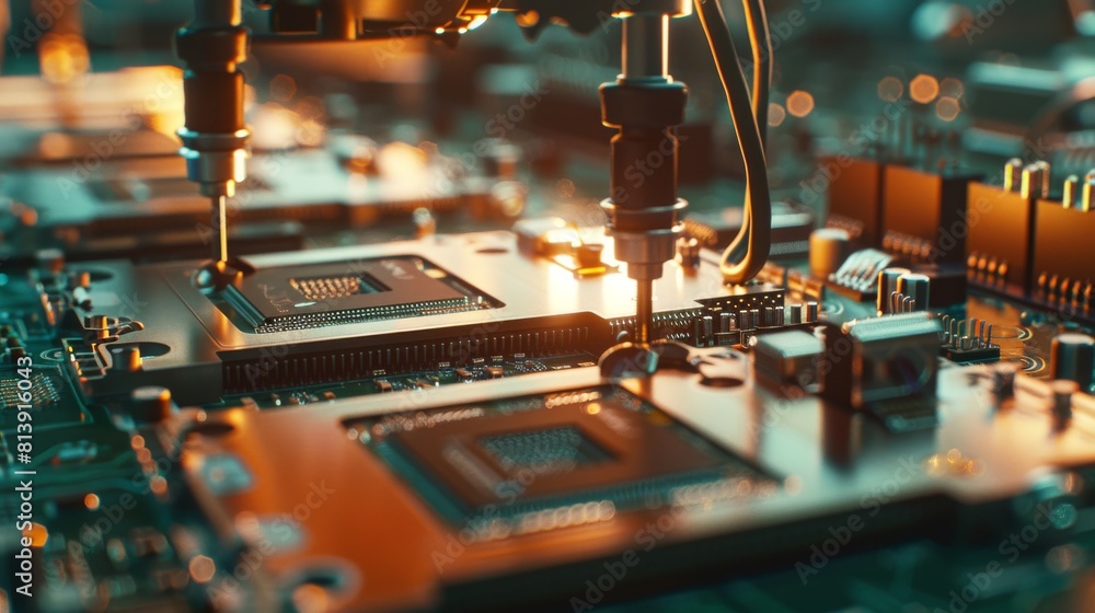 Printed Circuit Board on a Factory Assembly Line with Automated Robotic ...