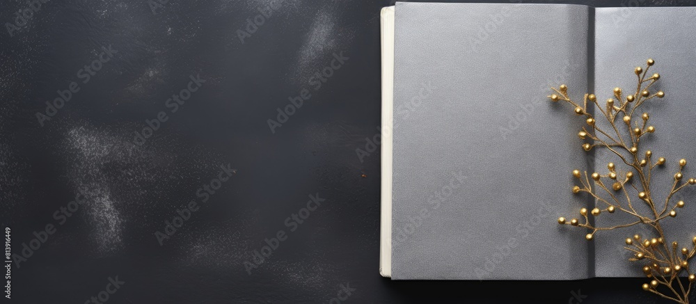 A top view of an open notebook on a gray textured background ...