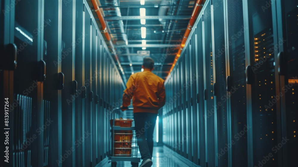A modern data center is an IT engineer doing maintenance and ...