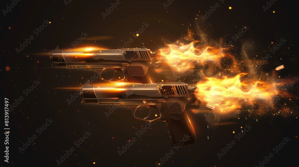 A shooting gun flashes with smoke and fire sparkles. A muzzle shotgun explodes. Blast motion ...