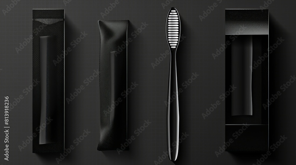 Black toothbrush with top view and side view of package box. Modern ...