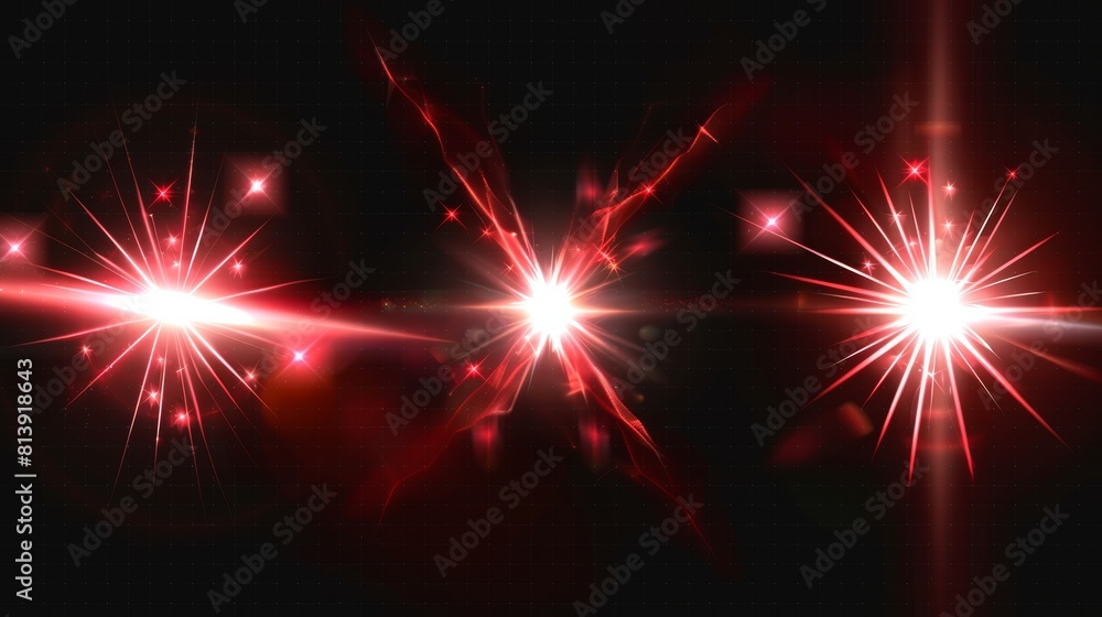 A realistic 3D modern illustration set of red flare lights, glow flash ...