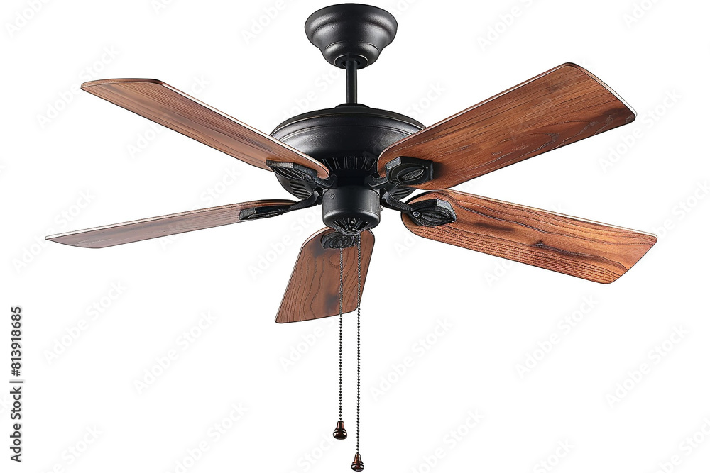 A rustic wooden ceiling fan with five blades and a pull chain control ...