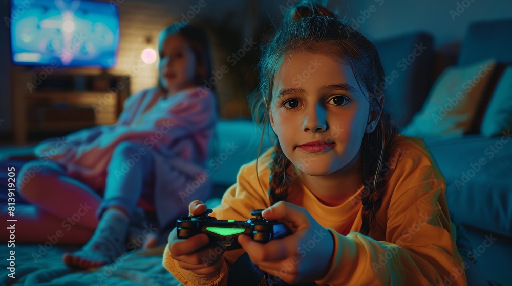 Cute girl playing in video game console using joystick controller, with ...