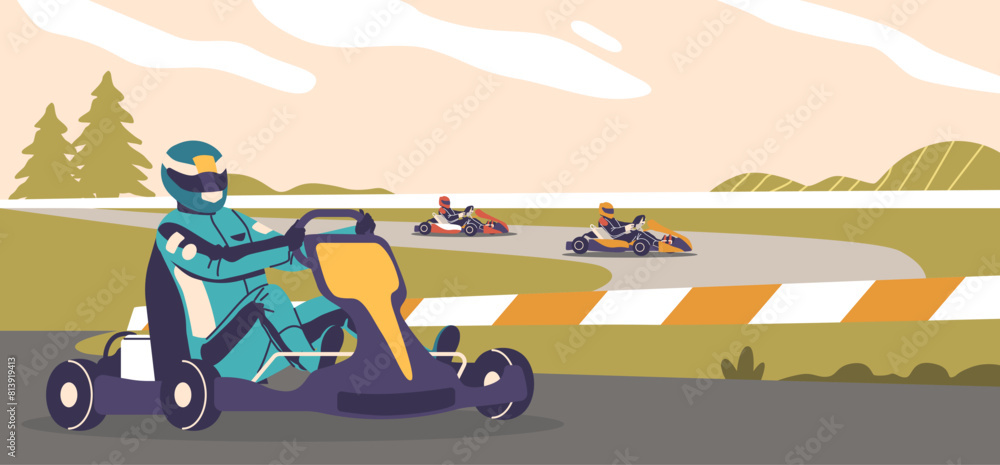 Intense Go-kart Race On Track. Drivers In Full Racing Gear Maneuver ...