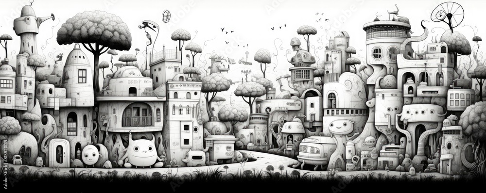 A playful scene of doodle art lines creating whimsical creatures in a ...