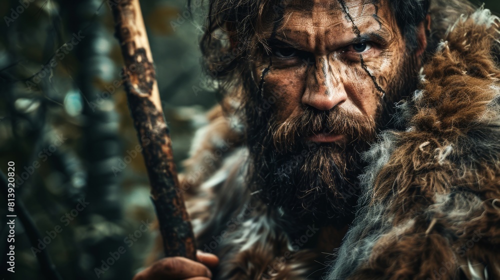 Foto de In the prehistoric forest, a primal caveman is wearing animal ...