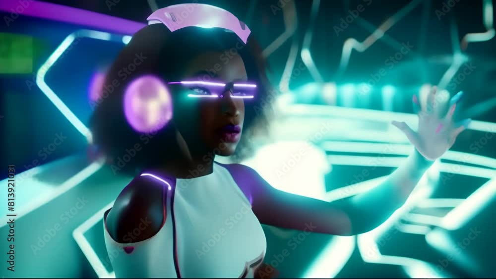 A woman wearing virtuality glasses and the virtual world around Stock ...