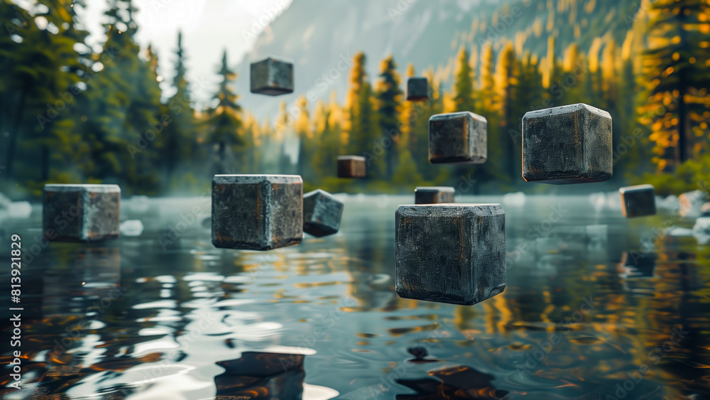 Surreal Landscape with Floating Cubes Over Peaceful Lake During Autumn ...