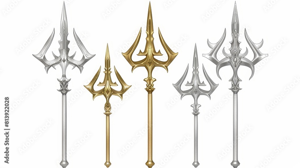 Trident in gold and silver, devil pitchfork on white background. Modern ...