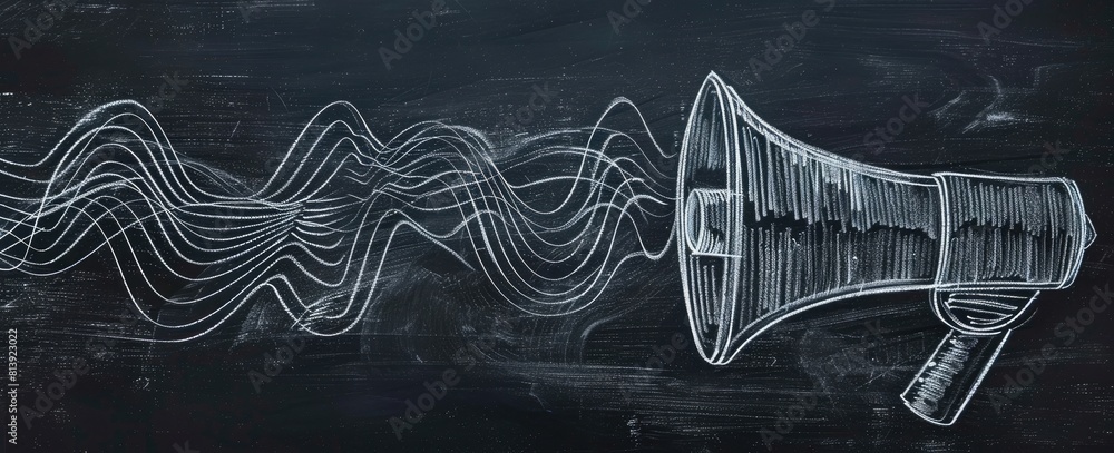 A chalkboard doodle of megaphone with sound waves, flat lay on black ...