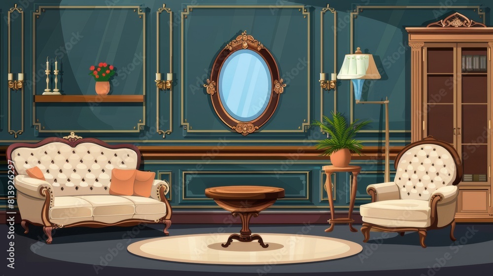 The classic victorian style living room features a sofa, armchair ...