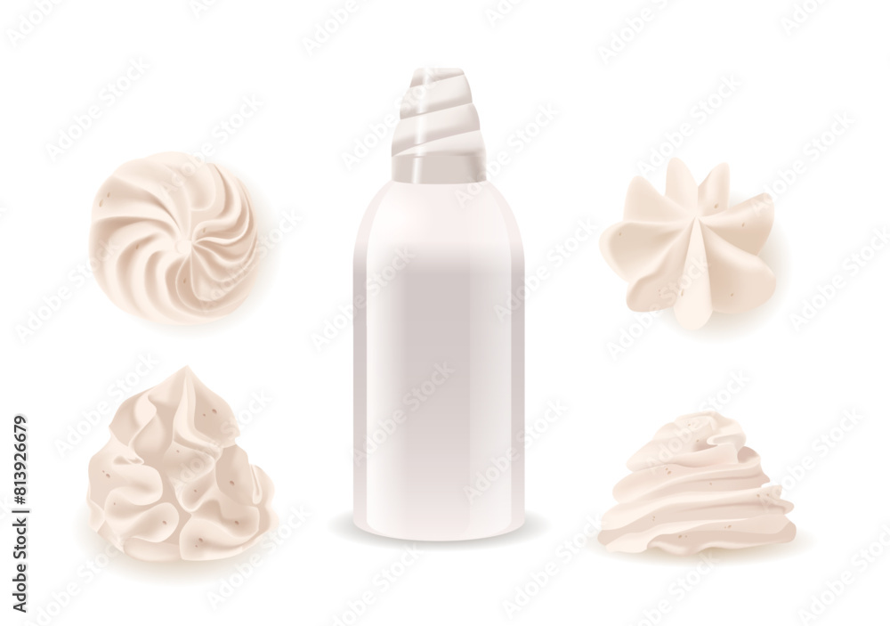 Various Whipped Cream Designs And Cream Dispenser. Isolated Realistic ...