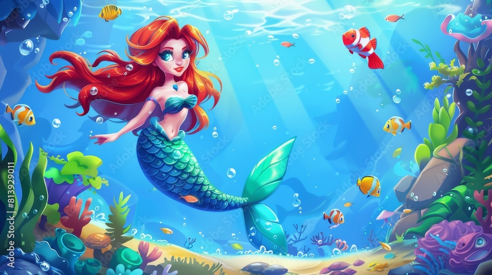 Modern illustration of mermaid and fish in a sea underwater fantasy ...