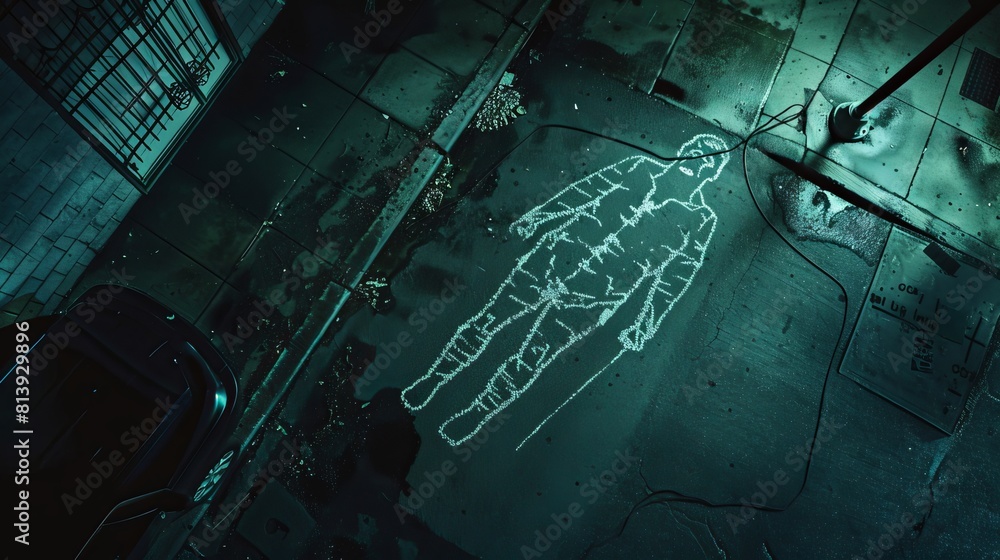 In this shot, a chalk body outline is drawn on the pavement to ...