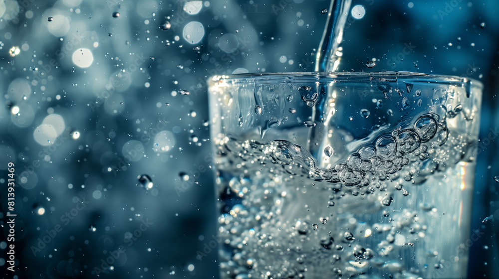 Water flowing from the faucet into a glass, macro photography of water ...