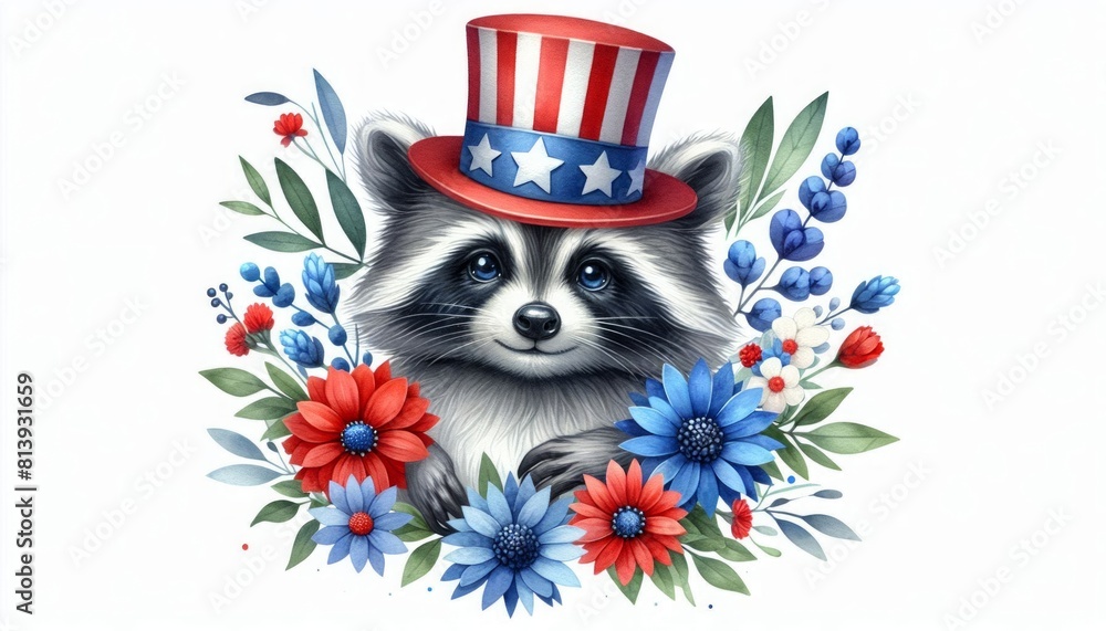 Raccoon 4th July Watercolor Celebration USA (United State) Art Cute ...