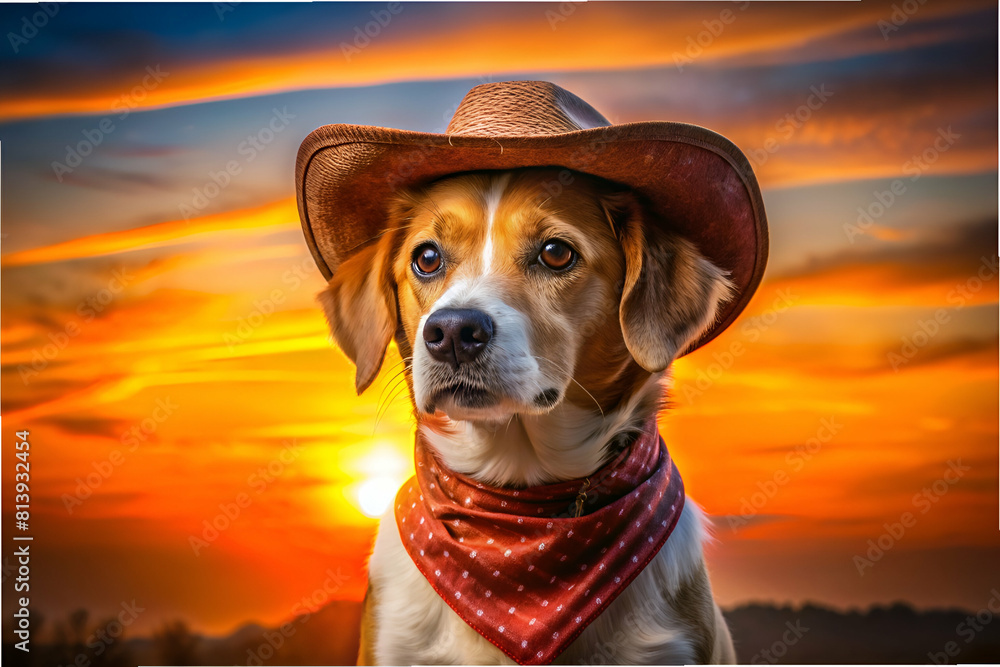 Dog in Cowboy Outfit on Sunset Orange Background Stock Illustration ...