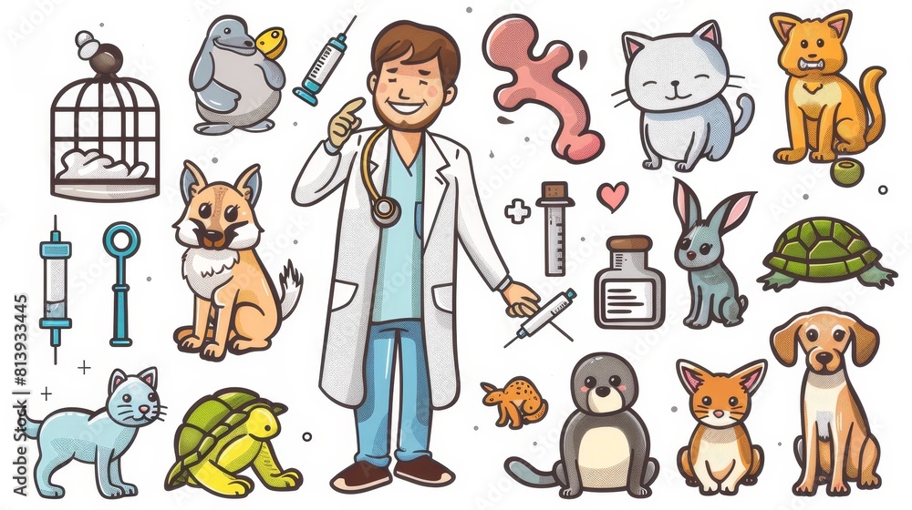 Modern hand drawn illustration of a veterinarian holding a syringe with ...