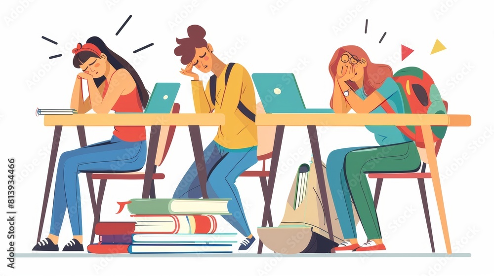 Yawning sleepy students yawn at desk with books and laptop. Modern flat ...