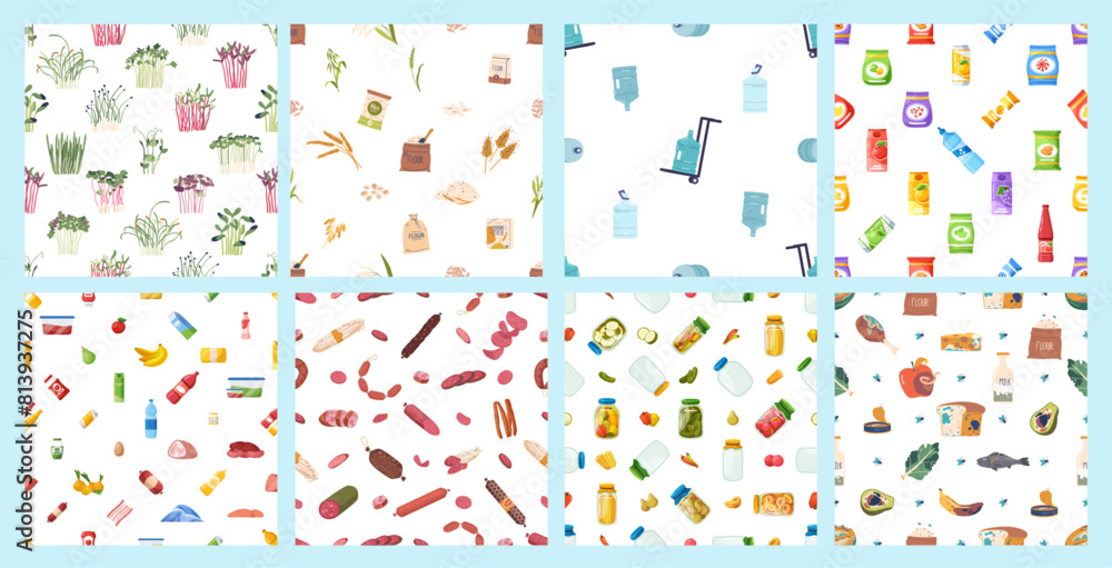 Set Of Seamless Patterns With Food And Beverages, Vegetables, Grains ...