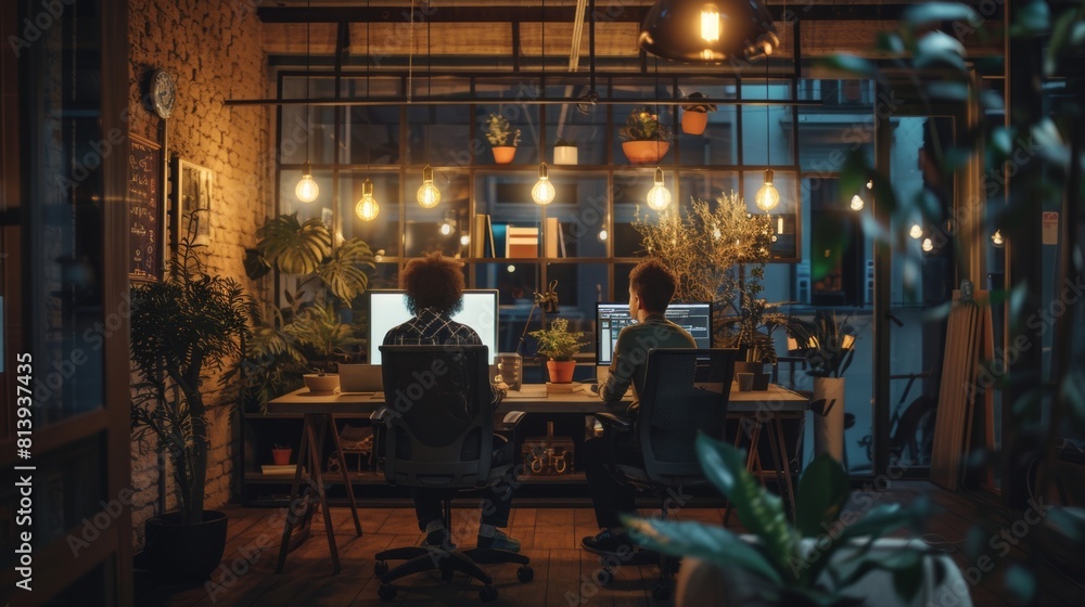 Working on computers in a loft office in a creative agency. Colleagues ...
