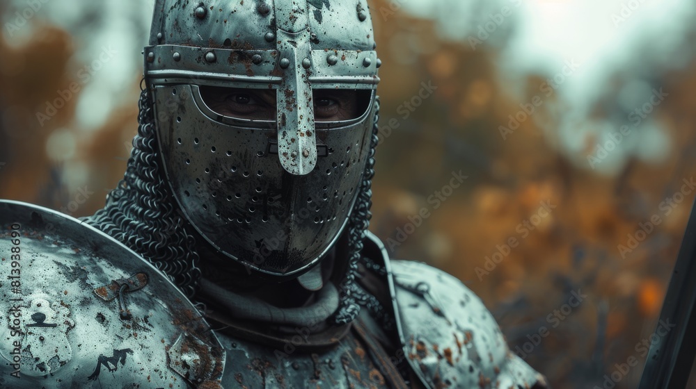 Closed helmet on a medieval knight ready for battle. Realistic Portrait ...