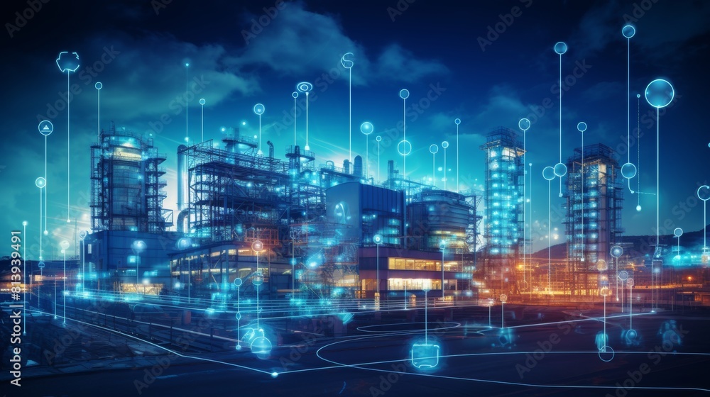 Modern factory, communication network. Telecommunication. IoT, Internet ...