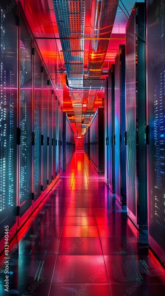 Shot of Corridor in Working Data Center Full of Rack Servers and Supercomputers with Internet ...