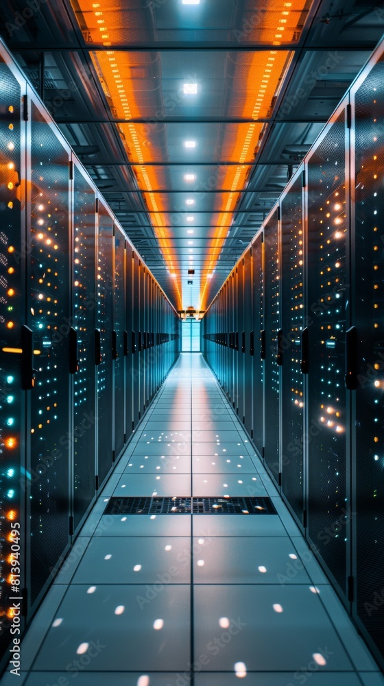 Shot of Corridor in Working Data Center Full of Rack Servers and ...