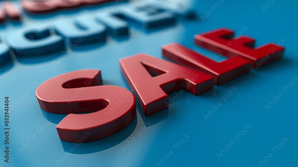 A red and blue sale sign stands out against a solid blue background ...