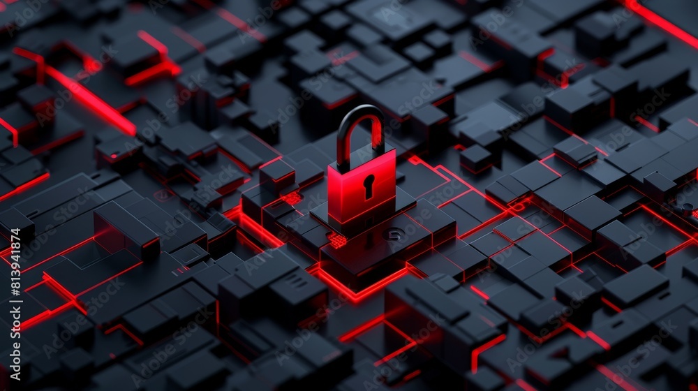Render in 3D, security warning, personal data protection concept with red padlock and incomplete ...