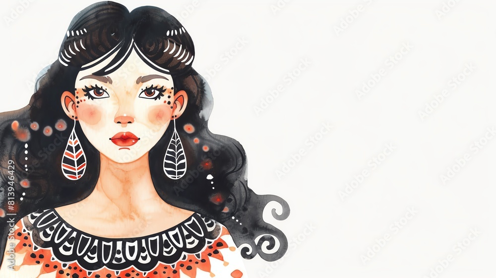 Maori New Zealand Woman, Minimalistic watercolor, on a white background ...