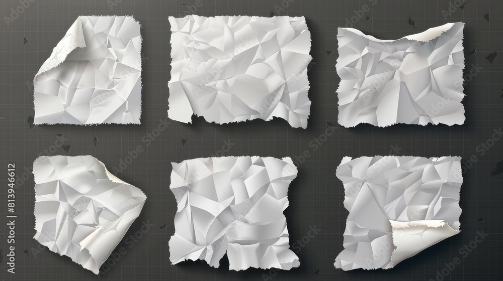Unevenly ripped paper sheets with crumpled edges, ragged blank pages ...
