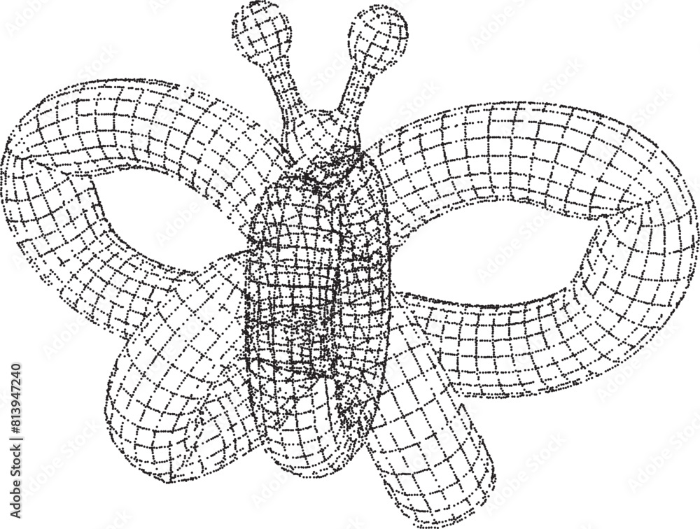 3D wireframe black butterfly balloon in futuristic style with a grainy ...