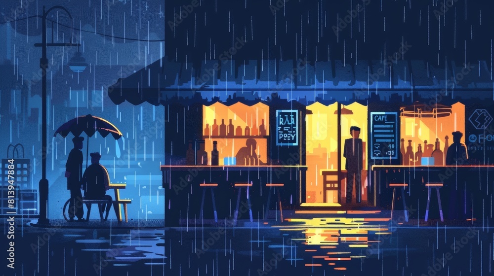 Night street bar in rain and man going to entrance cartoon background ...