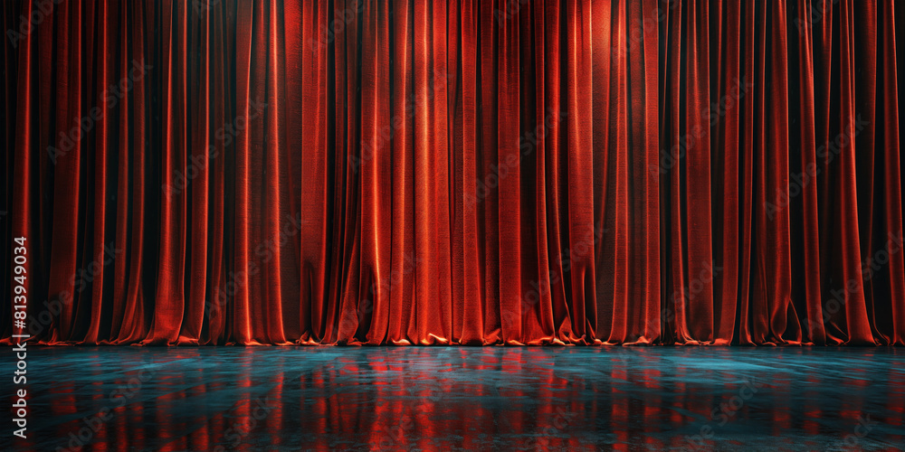 Red velvet stage curtains with reflective floor. Rich red velvet ...