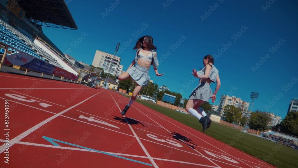 Two fiery women joyfully dancing on a stadium track. Slow motion ...
