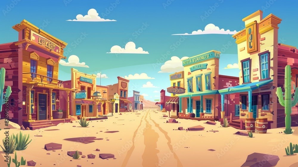 Texan rural outdoor drawing illustration of wild west town street with ...