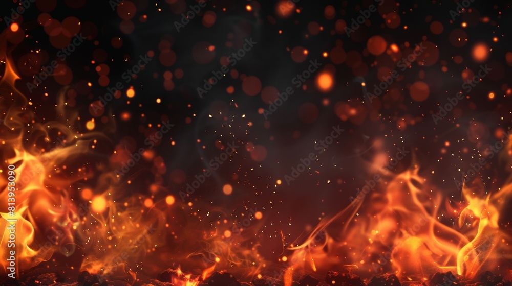 Smoke and flame background with fire spark overlay. Grill heat in cloud ...