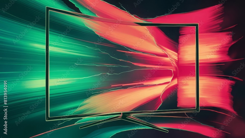 a television screen displaying vibrant hues of green, red, and blue ...