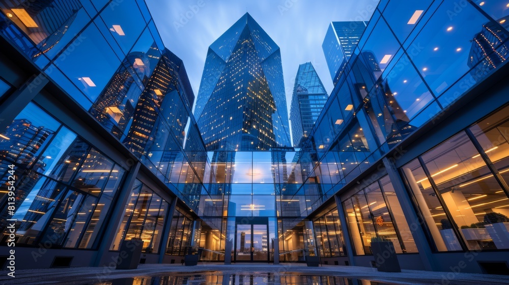 Low-angle view of an office building's entrance with illuminated ...