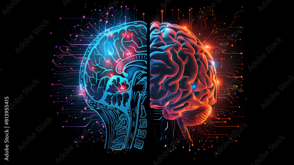 Top view brain split into two distinct halves: one half vividly ...