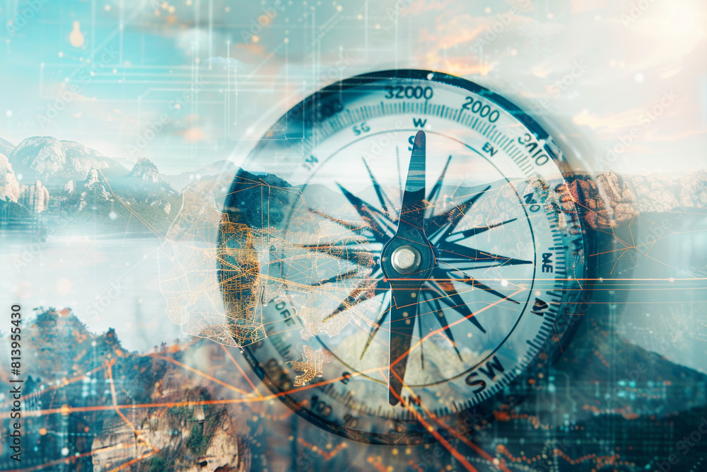 Double exposure of a traditional compass needle pointing north, merged ...